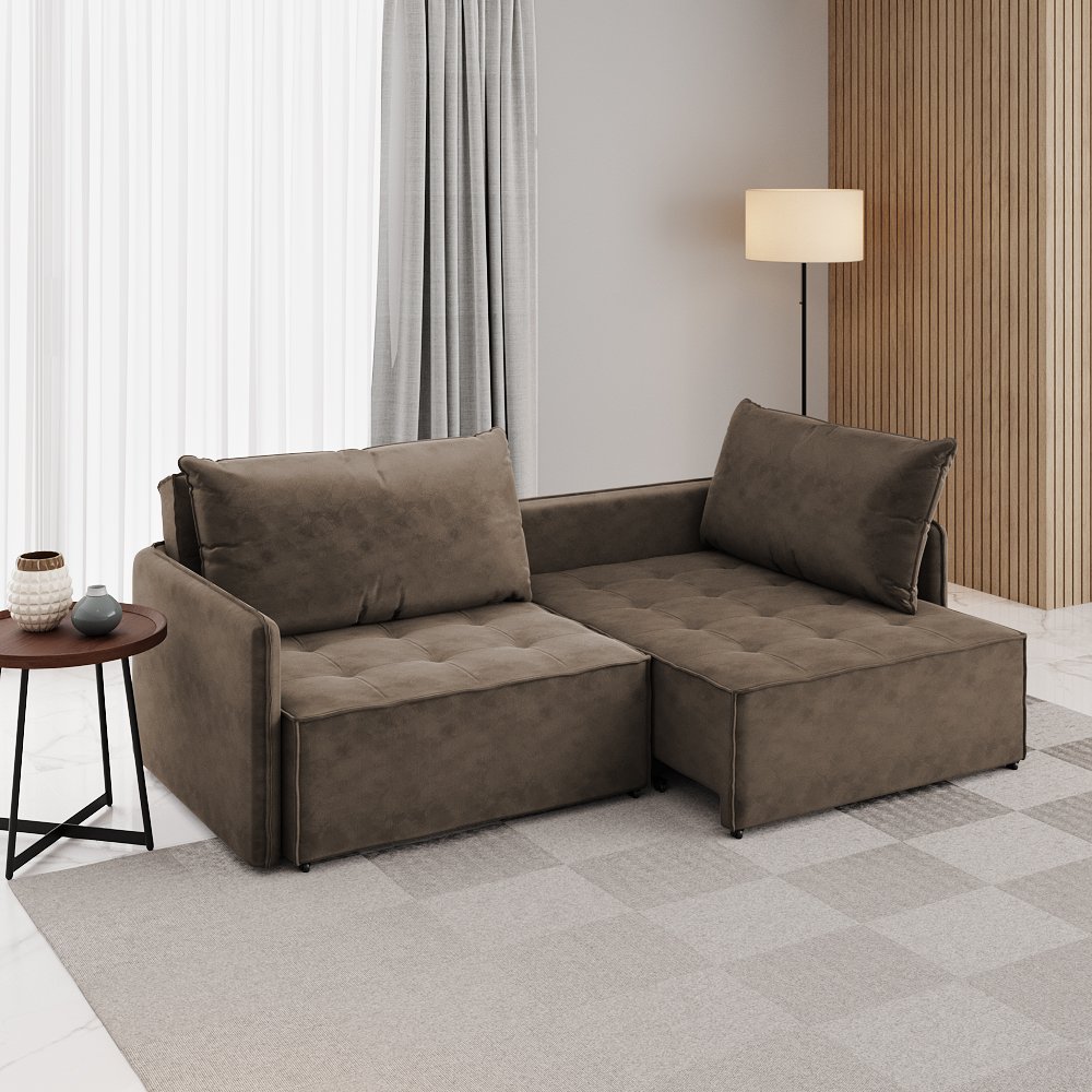 Sofá Verso 3 em 1 - Fixo I Retrátil I Cama - Largura 2,40m - Veludo 1001 - Deluxecor
